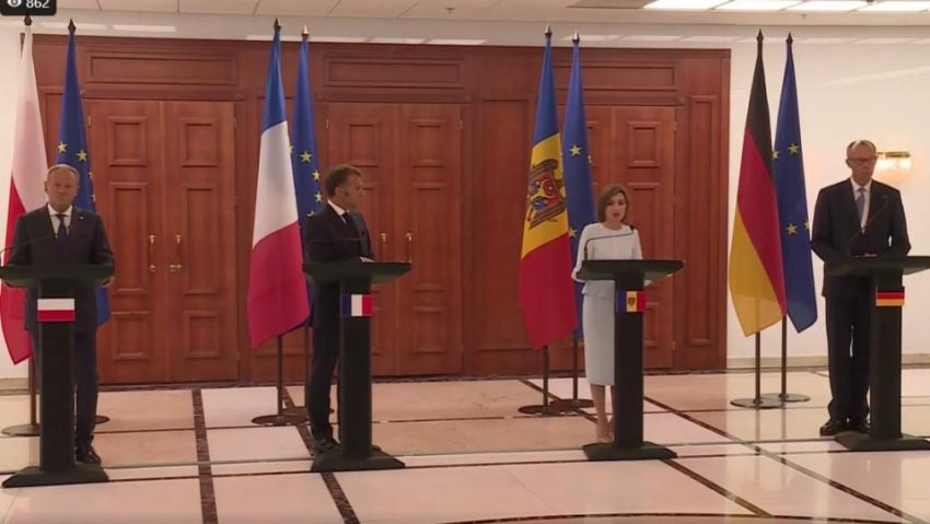 (UPDATE) Maia Sandu, Emmanuel Macron, Friedrich Merz și Donald Tusk susțin o conferință de presă ...